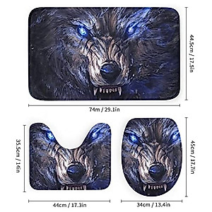 EEncantoo Premium Quality 4 Piece Angry Wolf Art Shaggy Rugs + U-Shaped Bath Mats & Lid Cover Rubber Backing + Fast Dry Shower Stall Curtain - Home Bath Room Decor