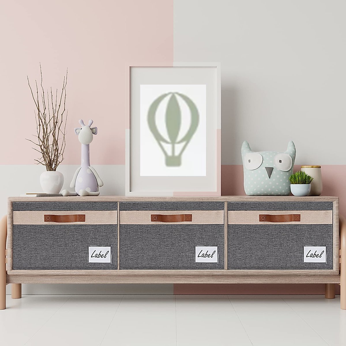 GhvyenntteS Large Storage Bins with Lids (3-Pack) Large Closet Storage Bin with Lid and 3 PU Handles, Foldable Storage Baskets for Shelves with Label Window for Home (Beige, 15" x 11" x 9.7")