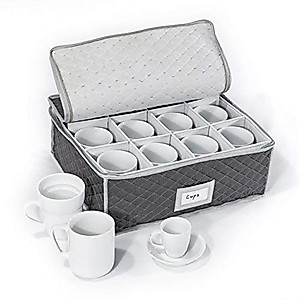 China Cup Storage Chest - Quilted Fabric Container in Gray Measuring 16" x 13" x 6"H - Perfect Storage Case for Coffee Cups - Tea Cups - Mugs