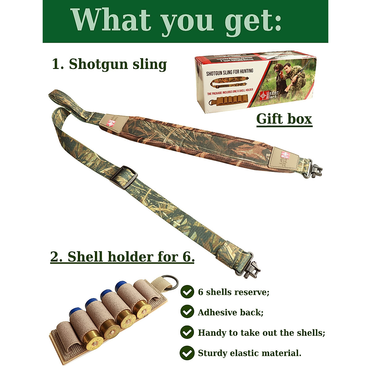 Underalert Rifle Sling with Metal Swivels and Neoprene Padding, Adjustable Gun Sling Shotgun Sling for Hunting with Shell Holder Acc. Gun Strap for Rifle 2 Point, For 12GAs and Rifles (Waterfowl Camo)