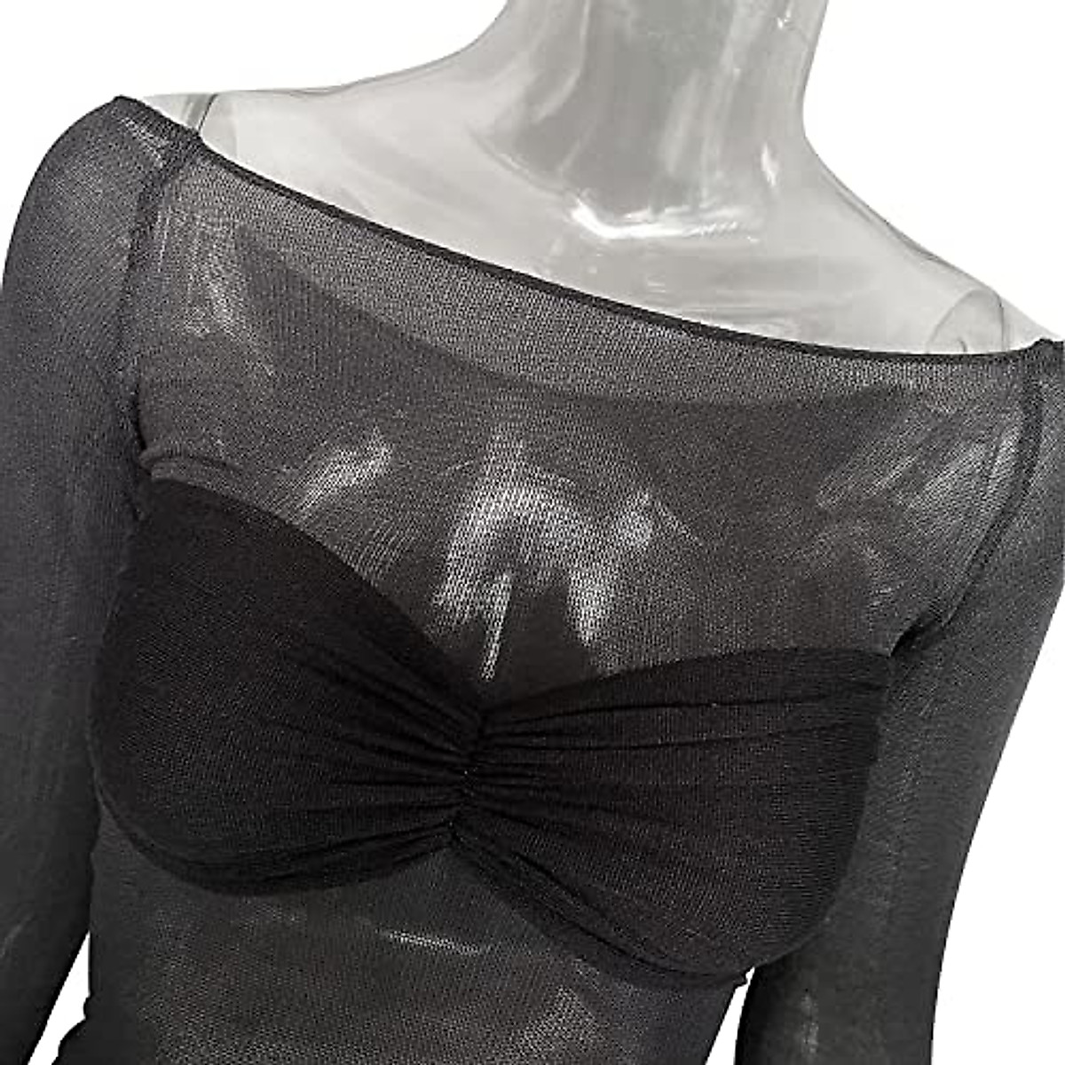 Women's Sexy Crop Top Long Sleeve Off Shoulder Going Out Tops Slim Fit Mesh Ruched Twisted Blouse Y2K T Shirt