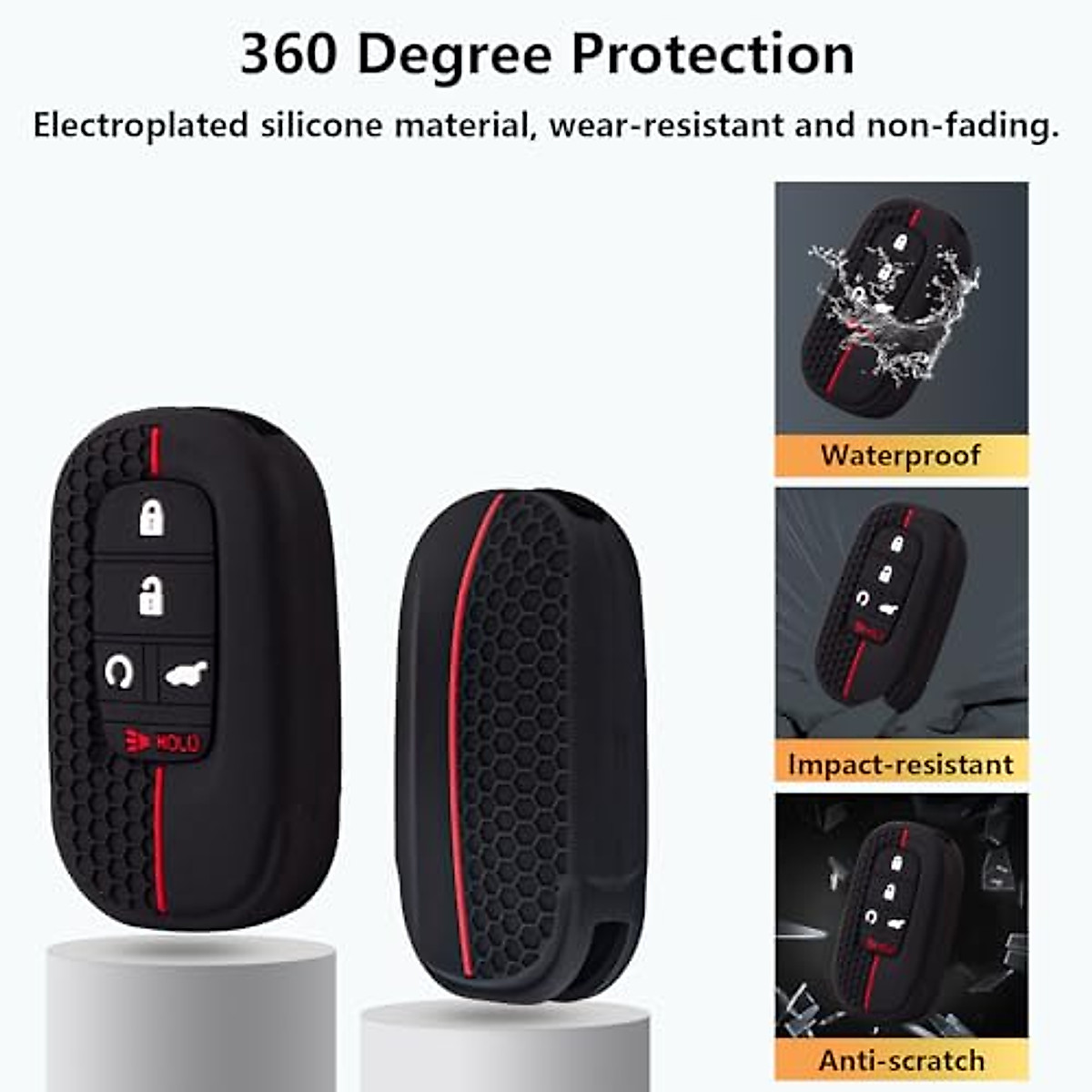 BE Key Fob Cover for Honda, Civic Silicone Key Protector with Keychain Compatible with Honda Accord Civic HR-V CR-V Pilot Sport SI EX EX-L Touring, Honeycomb Key Shell 5 Buttons Black + Red, 2PCS