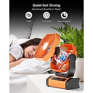 MORIKO 20000mAh Camping Fan with LED Light, Rechargeable Battery Operated Fan with Remote & Hook, 270° Pivot, 4 Powerful Speeds, Quiet Portable Outdoor Fan for Tent Picnic, Beach, BBQ, Jobsite