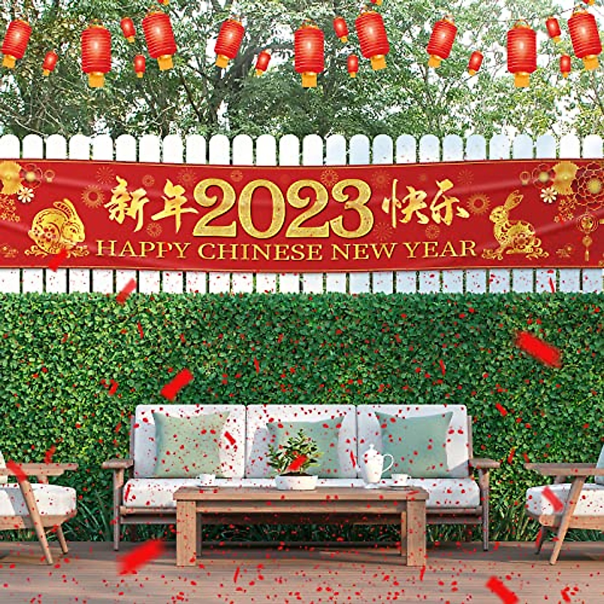 Chinese New Year Decorations 2023, 10 x 1.6 ft New Year Party Supplies, Large Happy Chinese New Year Banner, Year of the Rabbit Party Banner for Chinese Spring Festival Supply Outdoor Indoor Decor