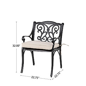 Glitzhome Elm Plus Set of 2 Cast Aluminium Patio Dining Chairs with Armrests Outdoor Chairs Dining Furniture, All Weather Frame with Thick Cushion for Porch Yard Balcony Kitchen, Beige