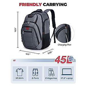 BAGSMART 45L Travel Laptop Backpack, TSA 17.3 Inch Laptop Backpack Flight Approved Travel Backpack with USB Charger Hole, Water Resistant College Computer Backpack Business Weekender Bag - Grey