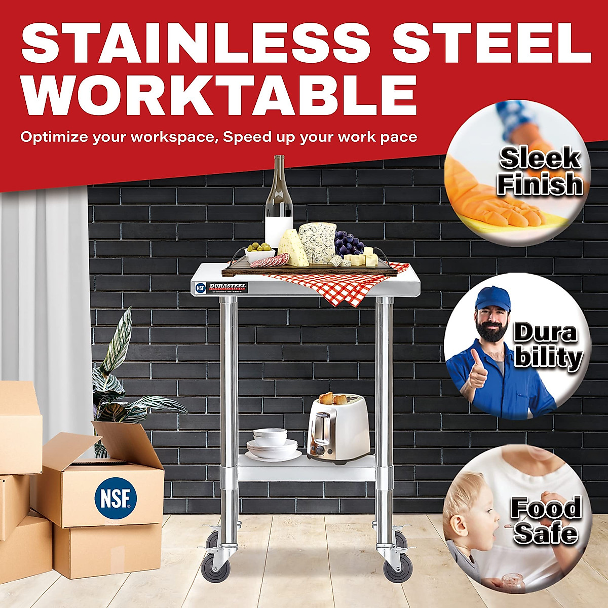 DuraSteel 24x12 Prep Stainless Steel Table - Metal Cart with Adjustable Shelf - NSF Certified Worktable with Wheels - Kitchen, Laundry, Restaurant, Home, Commercial Use