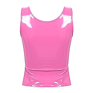 Oyolan Sexy Women PVC Leather Wet Look Zipper Open Crop Tank Tops Latex Moto Biker Punk Tops Blouse Pink Small