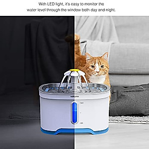 Vekonn Cat Water Fountain with Stainless Steel Top, 2.5L Pet Water Fountain with Led Light and Water Level Window