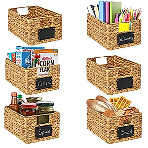 BARIEN 6 Pcs 12" x 9" x 6" Natural Water Hyacinth Storage Baskets, Rectangular Wicker Basket with Built-in Handles, Woven Cube Storage Bin with Chalkboard Label Chalk Marker (Natural - Set of 6)