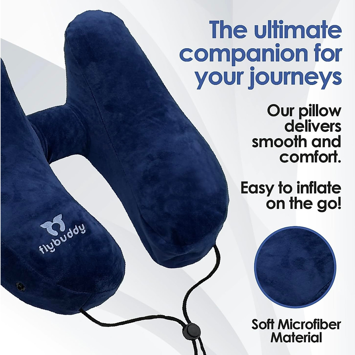 flybuddy Inflatable Neck Pillow for Traveling, Turtle Neck Pillow for Airplane Travel w/Travel Bag & Hood - Soft Microfiber Neck Pillow, Travel Accessory - Quickly Inflate in Seconds (Blue)