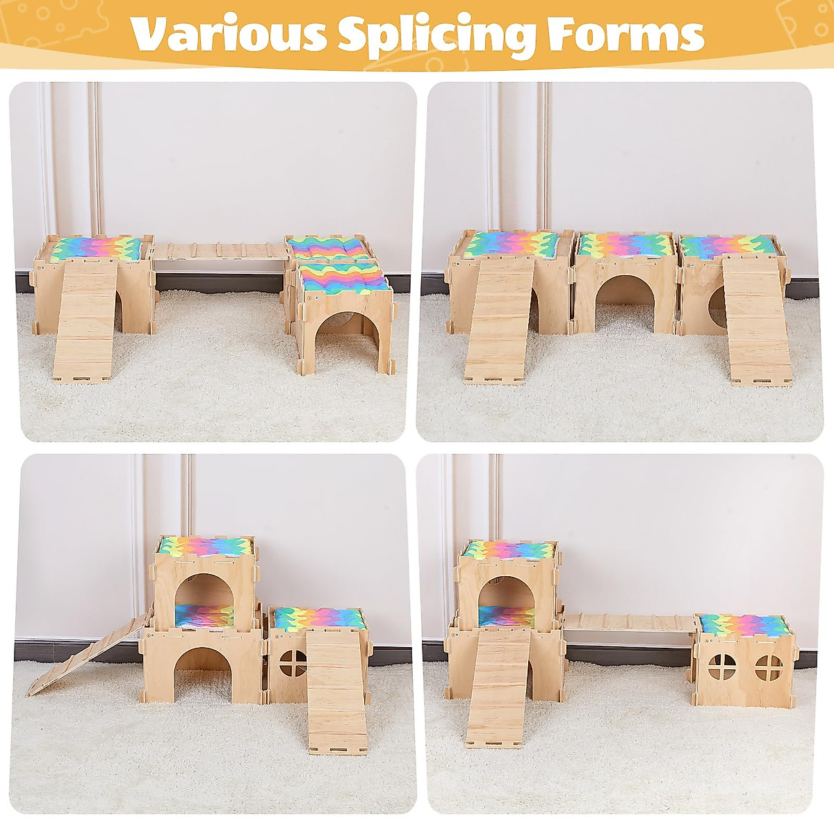 Guinea Pig Hideout, Guinea Pig House with Stairs and Mats Extra Large Guinea Pig Castle Detachable Hideouts for Small Animals Wooden Guinea Pig Habitats with Multiple Doors and Windows