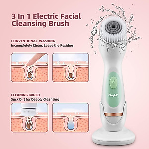 Facial Cleansing Brush, CkeyiN 3 in 1 Electric Exfoliating Spin Cleanser Device USB Rechargeable and Waterproof Exfoliation Rotating Spa Machine Facial Cleanser Massager for Women