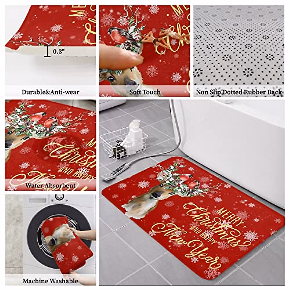 Kitchen Rug and Mat Set Merry Christmas Reindeer Robin,Non-Slip Doormats Comfort Durable Floor Runner,Winter Snowflakes on Red Washable Standing Carpet for Bedroom Living Room Decor