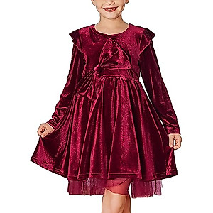 GRACE KARIN Girls Red Velvet Dress Crew Neck Christmas Fall Winter Party Dresses Size 5-6