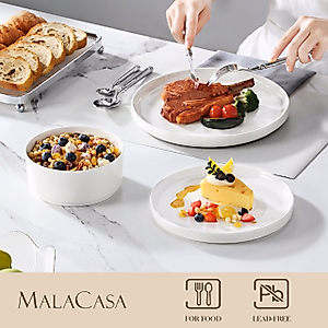 MALACASA 12 Pieces Porcelain Dinnerware Set, Modern White Dish Set for 4, Premium Serving Plates and Bowls Sets, Chip and Scratch Resistant Dishware Sets Kitchen Dishes Dining Ware Set, Series LEAH