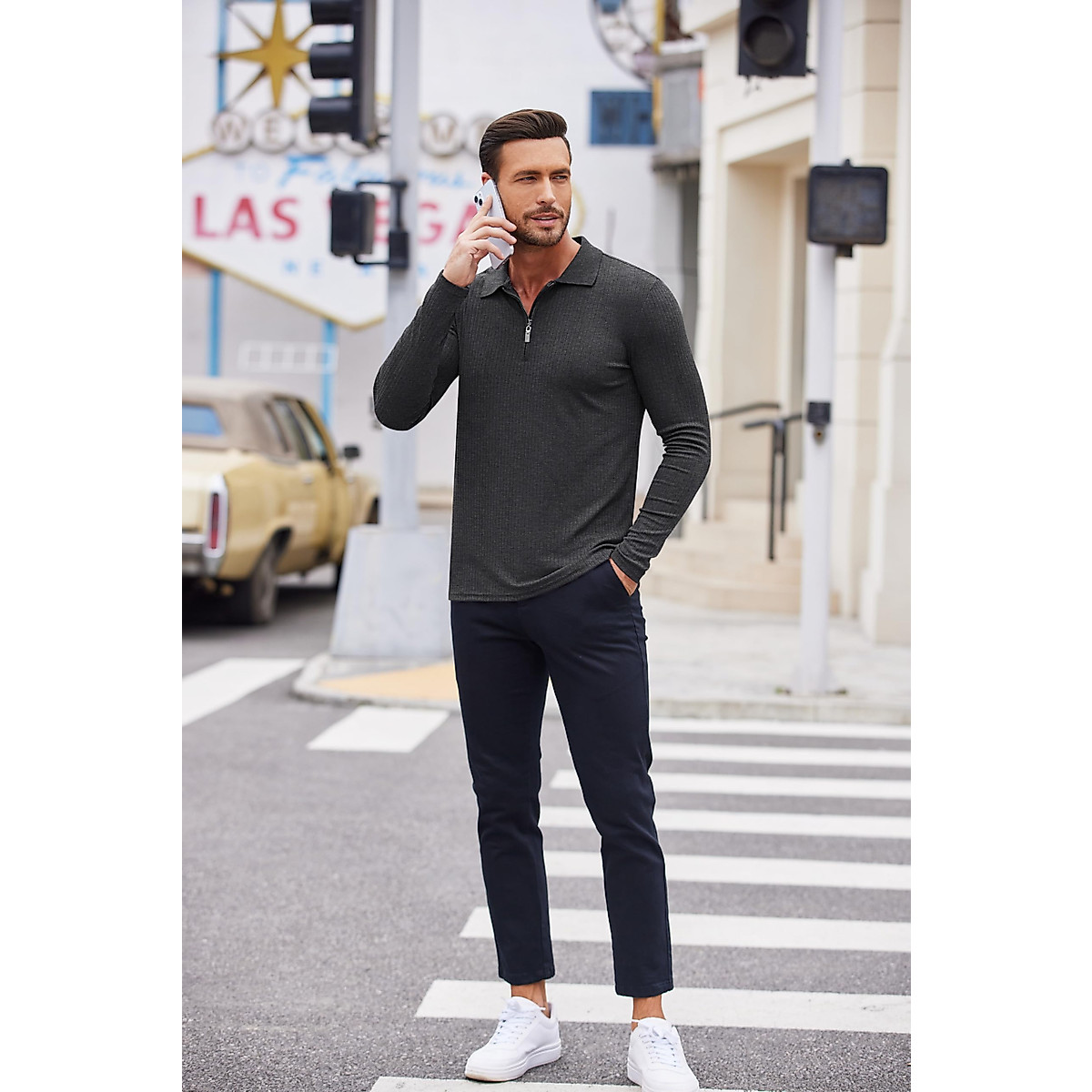 COOFANDY Men's Long Sleeve 1/4 Zip Polo Shirts Slim Fit Basic Designed Muscle Fit T Shirts Dark Grey