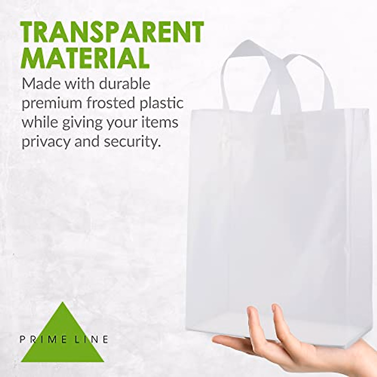 Prime Line Packaging - 8x4x10 Inch 100 Pack Plastic Bags with Handles, Small Gift Bags, Shopping Bags for Small Business, Clear Frosted White in Bulk for Boutiques, Retail Stores, Gifts & Merchandise