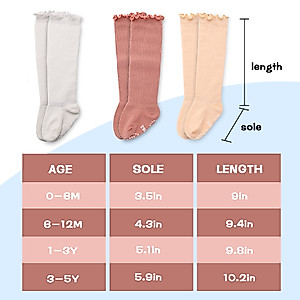 Aaronano Non-slip Knee High Socks Baby Girls Grippy Sock Frilly Ruffle 5 Pairs(2 white + 2 pink + 1 nude,0-6 Months)