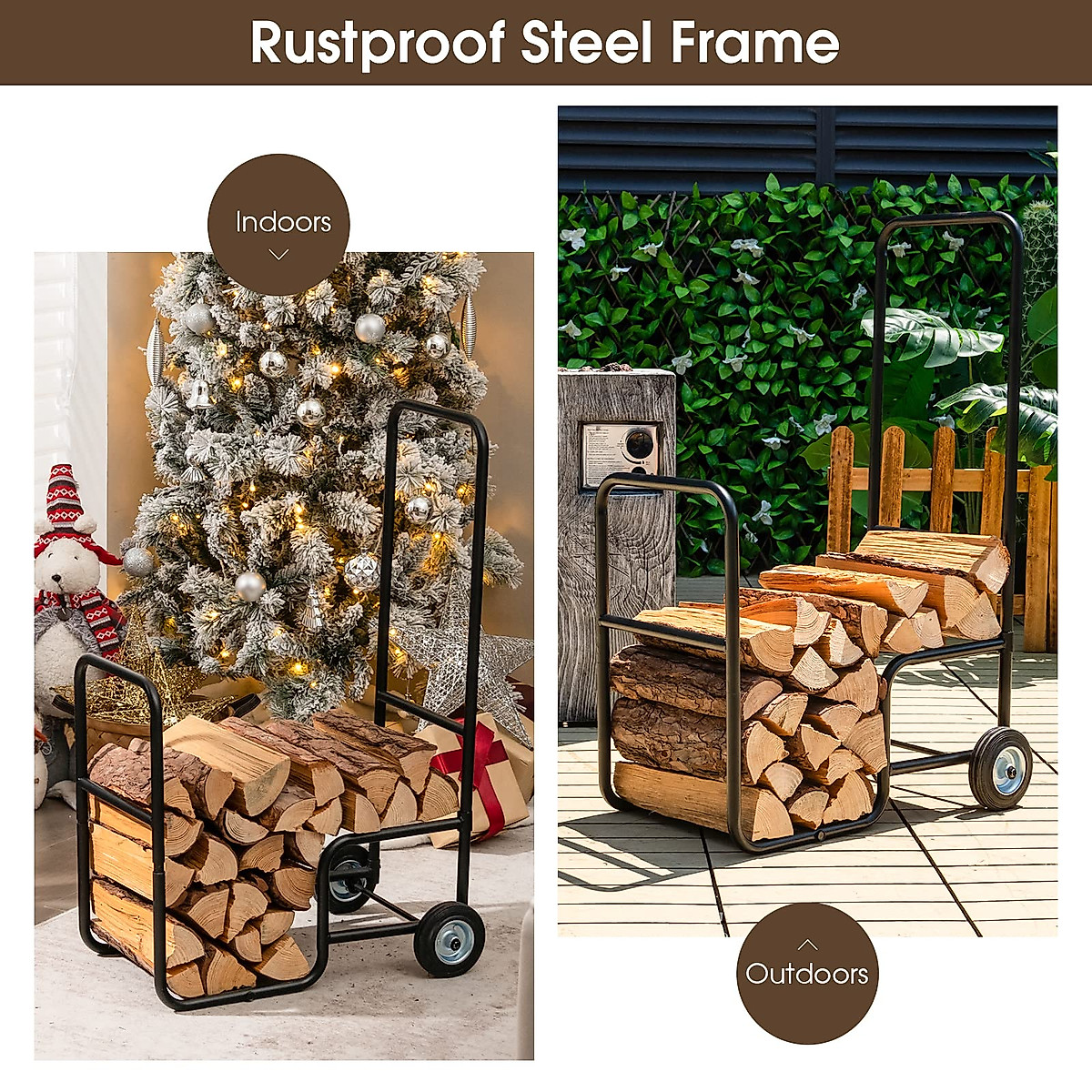 Goplus Firewood Log Cart Carrier, Anti-Slip and Wear-Resistant Wheels, Steel Frame, Large Loading Space, Sturdy Construction, Wide Application, Simple Installation