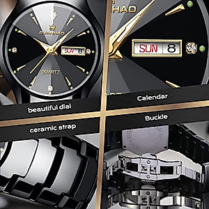 GUANHAO Ceramic Watches for Men, Black Business Men's Wristwatches with Calendar and Weeks, Quartz Watches with Ceramic Band Diamond Dial for Male Luminous Hands