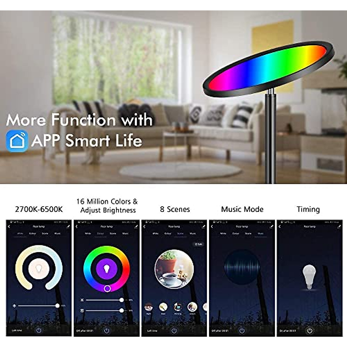 Floor Lamp, Super Bright RGBW Smart WiFi LED Floor Lamp for Reading, Dimmable Torchiere, for Living Rooms Bedrooms, for DIY, Compatible with Alexa & Google Home, Black, 25W