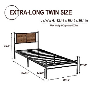 HAOARA Twin XL Size Bed Frame with Rustic Wood Headboard, Metal Heavy Duty Platform Frame, Sturdy Steel Slat Support, No Box Spring Needed, Black