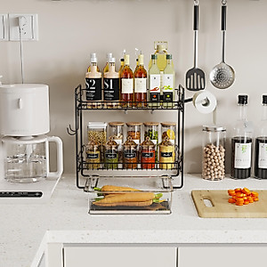 Johamoo Over The Toilet Storage, 2-Tier Bathroom Organizer Shelves, Multifunctional Bathroom Storage Rack with 4 Suction Cup, No Drilling Space Saver with Hooks, Upgrade Non-Adhesive, Black