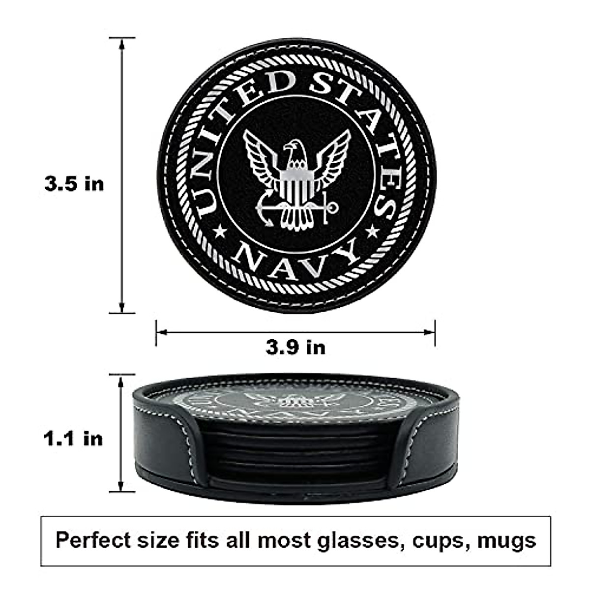 USN Coasters Set - 4 Navy Drink Coasters for Home, Bar, Office or Car (Navy)