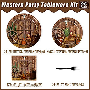 Kepeel 96 Pcs Western Party Plates, Western Cowboy Birthday Party Decorations Supplies Rustic Wild West Birthday Party Paper Plates Napkins Wooden House Barn Door Baby Shower Tableware, Serves 24