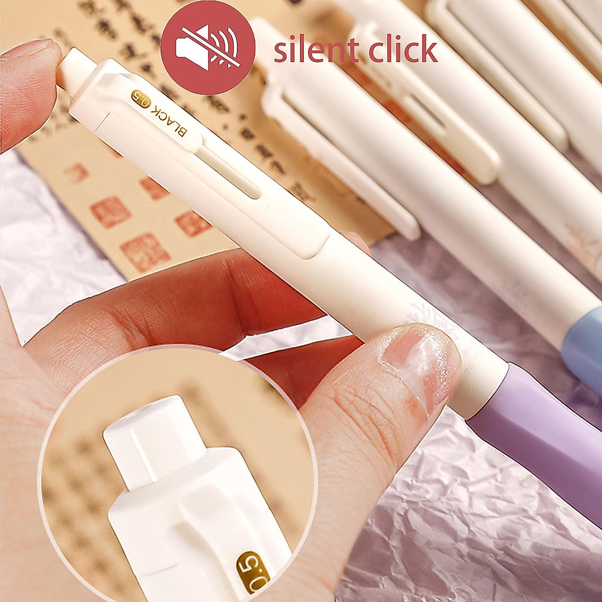 ITAWIXS Aesthetic Gel Ink Pens 6Pcs 0.5mm Silent Retractable Black Ink Pens Comfort Grip Quick Dry Ink Pen Fine Point Smooth Writing Cute School Supplies for Journaling Notetaking