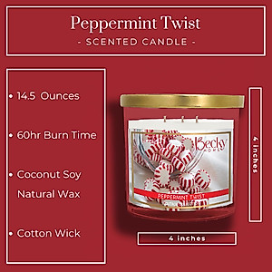 Peppermint Scented 3-wick Candle in Glass Jar | Candles for Home | 14.5oz Rustic Home Decor Novelty Candle | 60 Hour Burn Time Candle