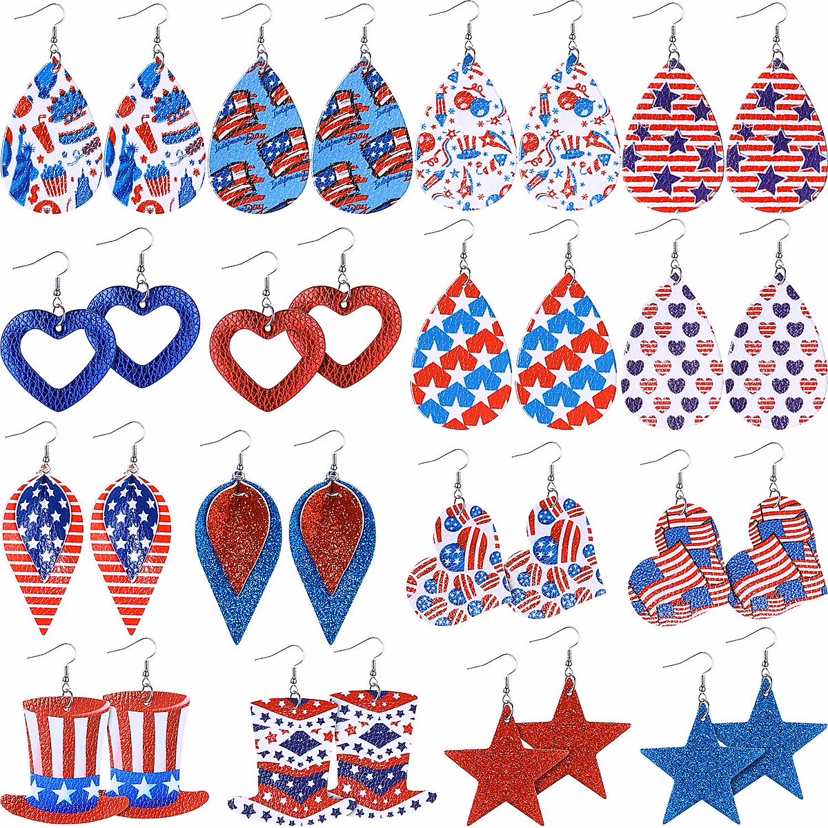 16 Pairs Independence Day American Flags Patriotic Faux Leather Earrings Dangle Petal Lightweight 4th of July Teardrop Leaf Drop Earrings for Women Gifts