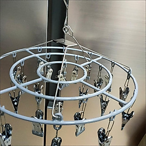 Autminia Stainless Steel Clothes Sock Drying Rack with 24 Clips, Swivel Hook Windproof Clothes Hanger Rack for Sock, Bras, Towel, Underwear, Laundry Clothes, Hat, Scarf, Pants, Gloves (Gray Clips)