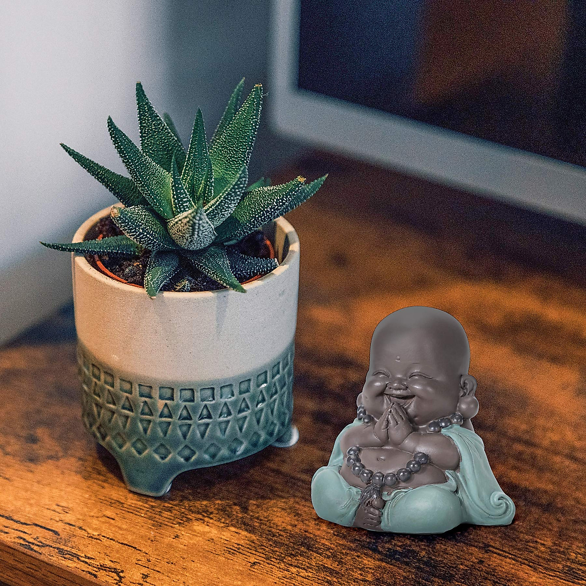 WGFKVAS Buddha Statue, Laughing Ceramic Buda Statue Little Monk Figurine Cute Baby Buddha for Home Office Car Decors Gift Crafts and Arts (Green)