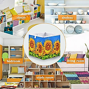 visesunny Closet Baskets Sunflowers Oil Painting Storage Bins Fabric Baskets for Organizing Shelves Foldable Storage Cube Bins for Clothes, Toys, Baby Toiletry, Office Supply