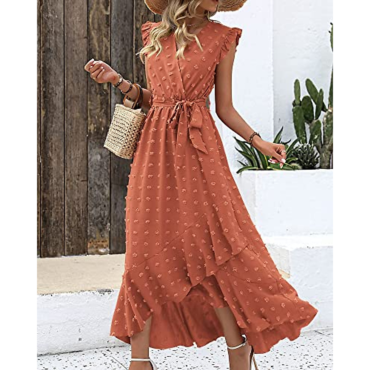 BTFBM Women's 2023 Summer Wrap V Neck Dress Ruffle Sleeve Swiss Dot Boho Ruffle Slit Beach Party Flowy Long Maxi Dresses(Swiss Dot Orange Red, Medium)