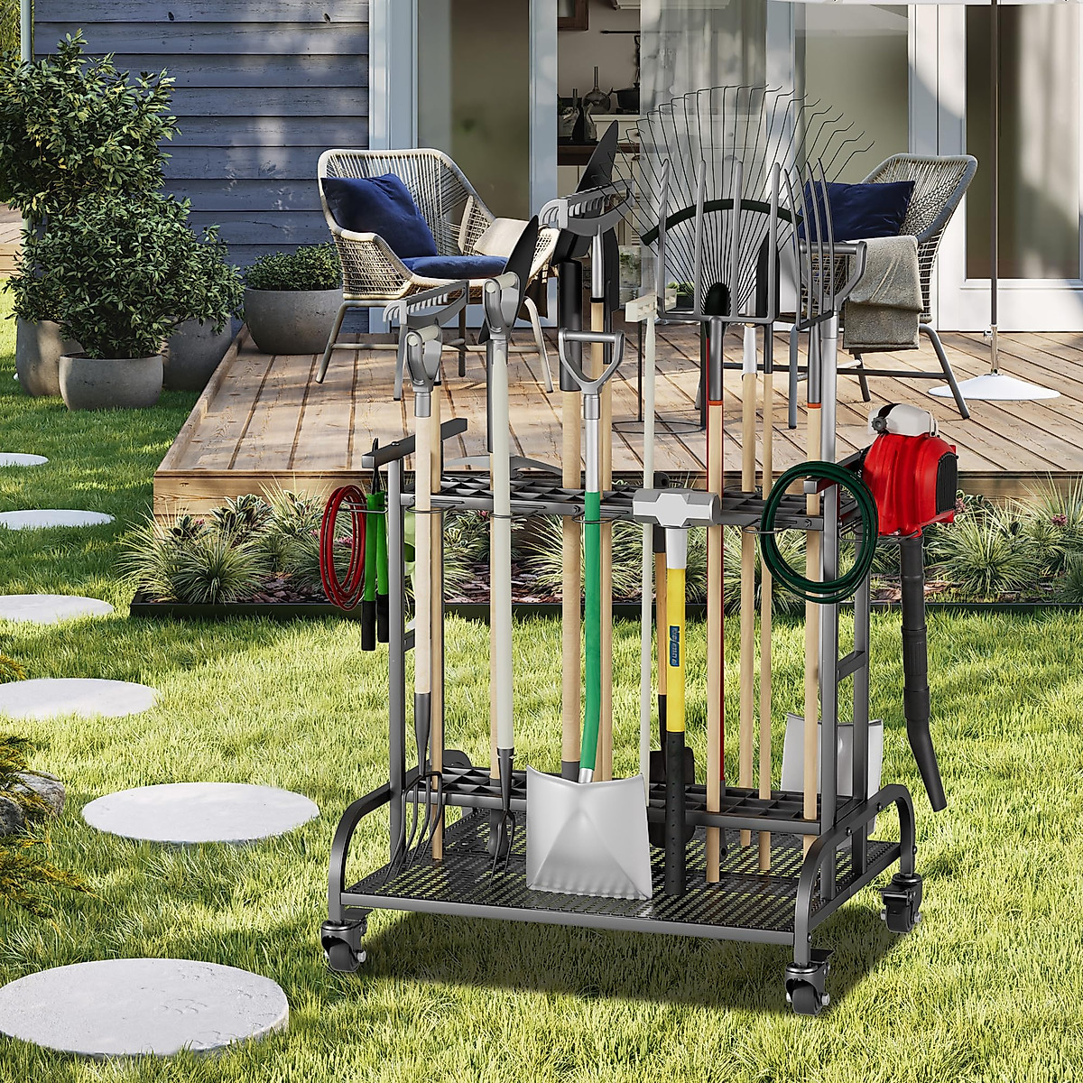 bimiti Garden Tool Organizer Garden Tool Rack Freestanding with Brake Wheels Lawn Tool Organizer for Up to 61 Tools Heavy Duty Steel Outdoor Garden Tool Storage Yard Tool Storage