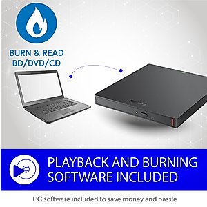BUFFALO MediaStation 6X Portable Type-C USB 3.2 (Gen 1) Blu-ray Drive/External, Plays and Burns Blu-Rays, DVDs, and CDs. Compatible with PC/Mac Laptops and Desktops.