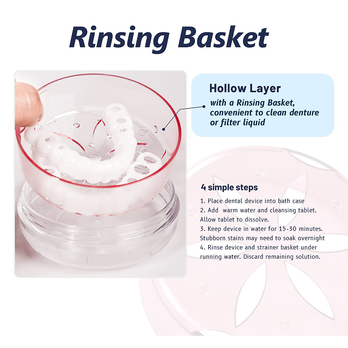 Uouovo Denture Bath Case, Definitely No-Leak, Complete Clean Care for Dentures, Clear Braces, Night Guard & Retainers, Retainer Case for Traveling, Denture Cup with Strainer & Mirror (Pink)