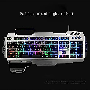 MUMUJJ Computer Gaming Mechanical Keyboard, 7-Color Rainbow Backlit Effect, with Mobile Phone Holder, Multimedia Shortcuts, Black