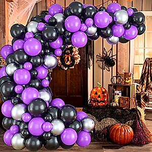 Halloween Balloon Arch Garland Kit, Black Purple Silver Metallic Latex Balloons Garland Kit for Kids Halloween Theme Birthday Trick or Treat Graduation Wedding Party Decorations Supplies