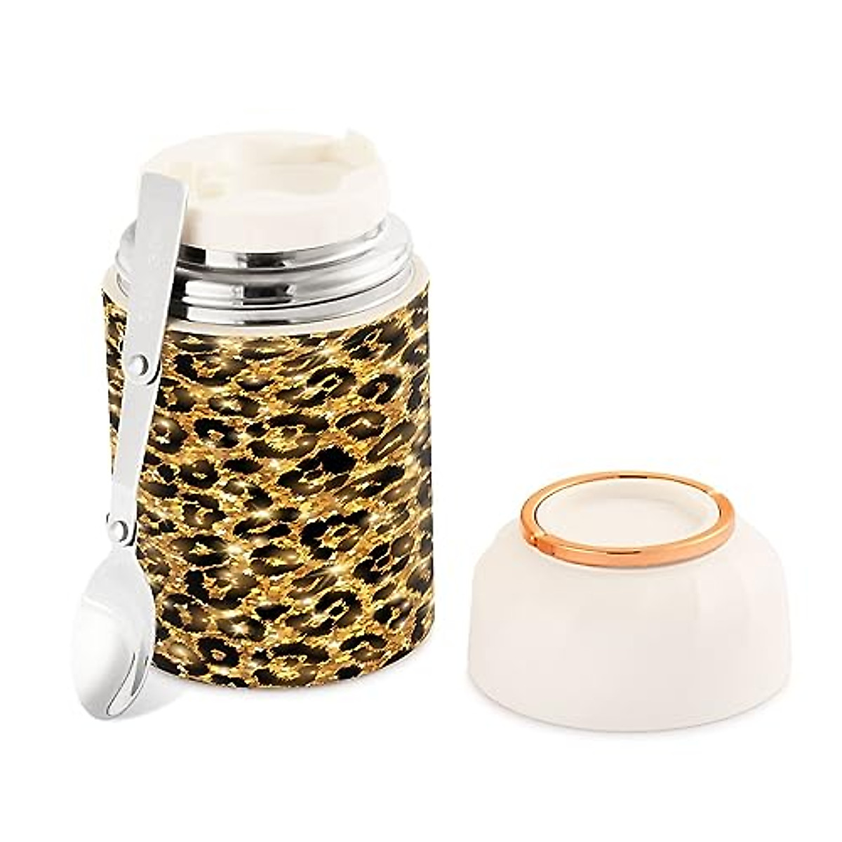 CUPADA Gold Leopard Food Jar for Hot and Cold, Seamless Printed Insulated Food Jars Vacuum 17OZ with Folding Spoon for Work Trip Picnic Camping