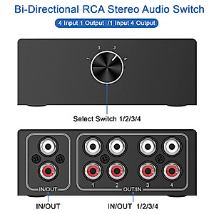 Dingsun Bi-Directional 4-Way RCA Stereo Audio Switch Dignsun Audio Signal Source Switcher Selector Splitter Box for CD, DVD, Blu-ray Players, Active Speakers, Etc. (4 Input 1 Out /1 Input 4 Output)
