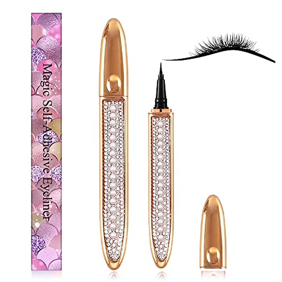 CRINSLY 2022 Upgraded Black Eyelash Glue Pen Self-Adhesive 2 in 1 Eyeliner for Normal False Lashes Long-Lasting Eye Liner for Sensitive Eyes Quick Drying Waterproof Strong Hold Latex-Free Eye Makeup