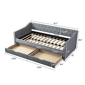 Jintop Twin Size Upholstered Daybed with 2 Drawers and Button Tufted Back,Elegant Wood Storage Sofa Bed Frame w/Waved Shape Arms,Slat Support,for Apartment,Bedroom,Light Grey