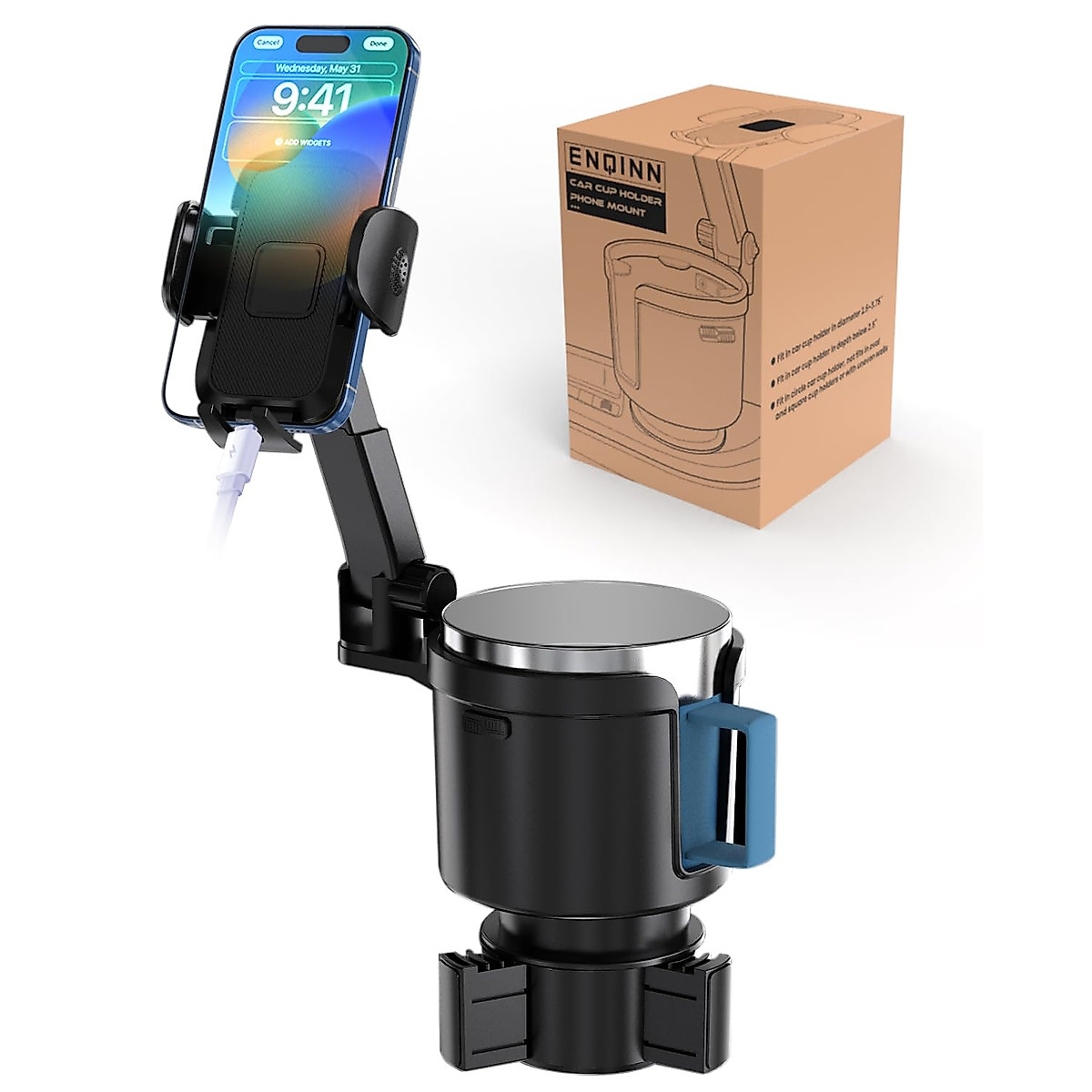 ENQINN Cup Holder Phone Mount for Car with Expandable Base, 2-in-1 Adjustable Cup Cellphone Holder Mount Compatible with iPhone Samsung Pixel and All Smartphones and Other Bottles Mugs in 3.4"-4.0"