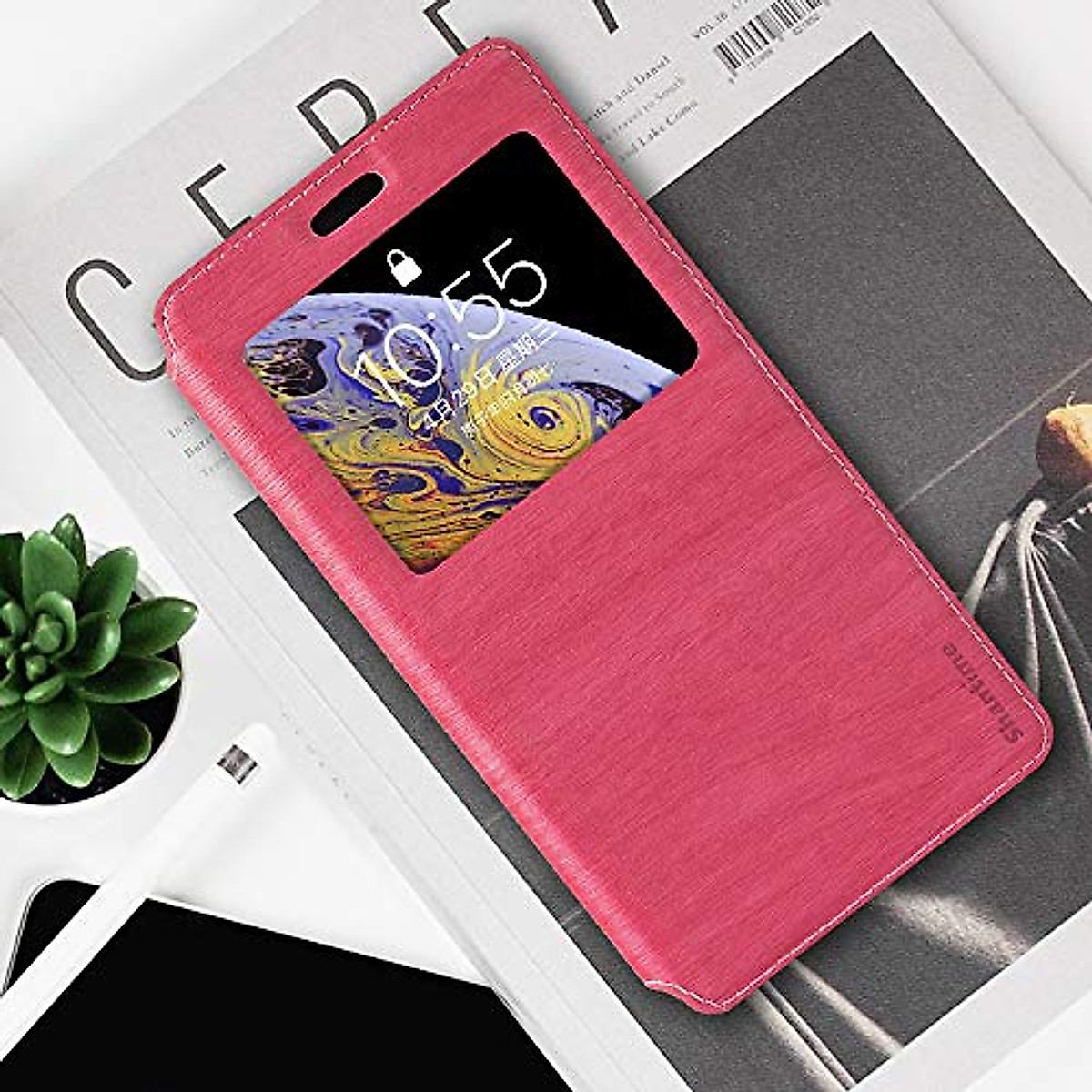 for Gigaset GS160 Case, Wood Grain Leather Case with Card Holder and Window, Magnetic Flip Cover for Gigaset GS160 (5”)