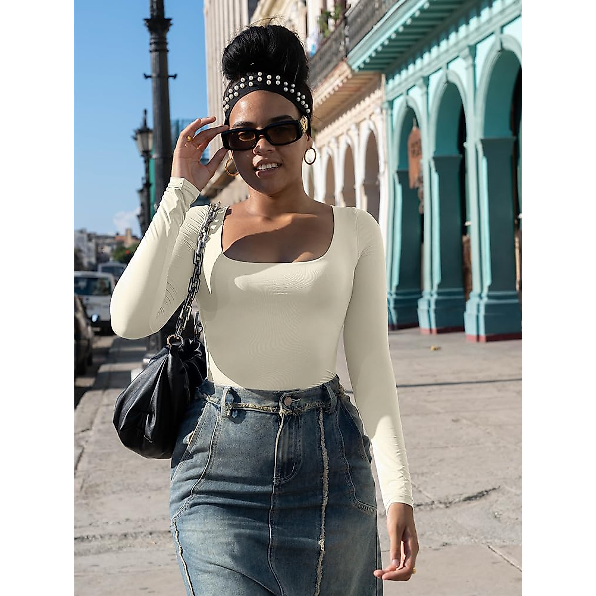 HYZ Women's Workout Square Neck Long Sleeve Y2k Slim Fit High Stretchy Basic Tunic Tops Black Beige