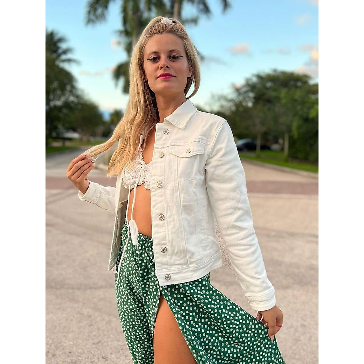 luvamia Women's Casual Denim Jacket Stretch Long Sleeve Button Down Basic Jean Trucker Jacket Womens Jackets for Fall White Size X-Large Fits Size 16 / Size 18